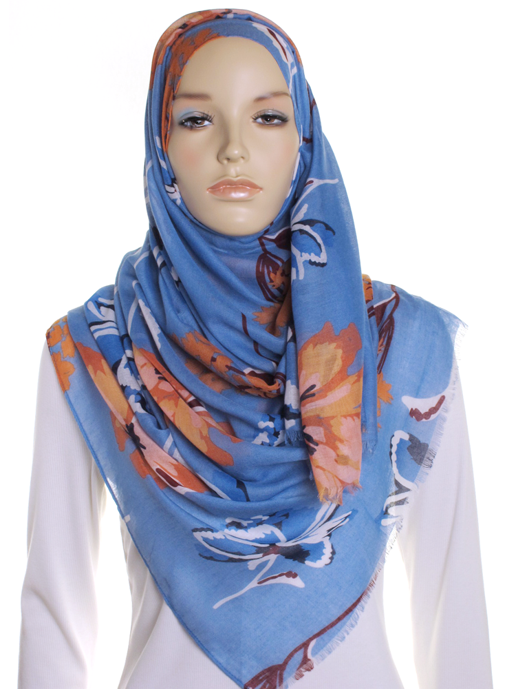 Blue Floral Sketch Print Hijab Hijab Store Online